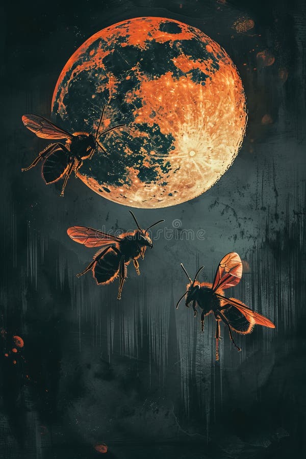 Three Large Wasps Fly Near the Night Moon Stock Illustration ...