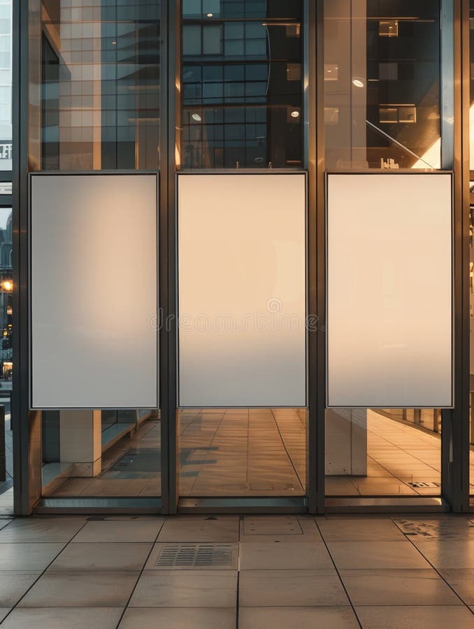 Three Large White Signs are Displayed on a Building S Glass Windows ...