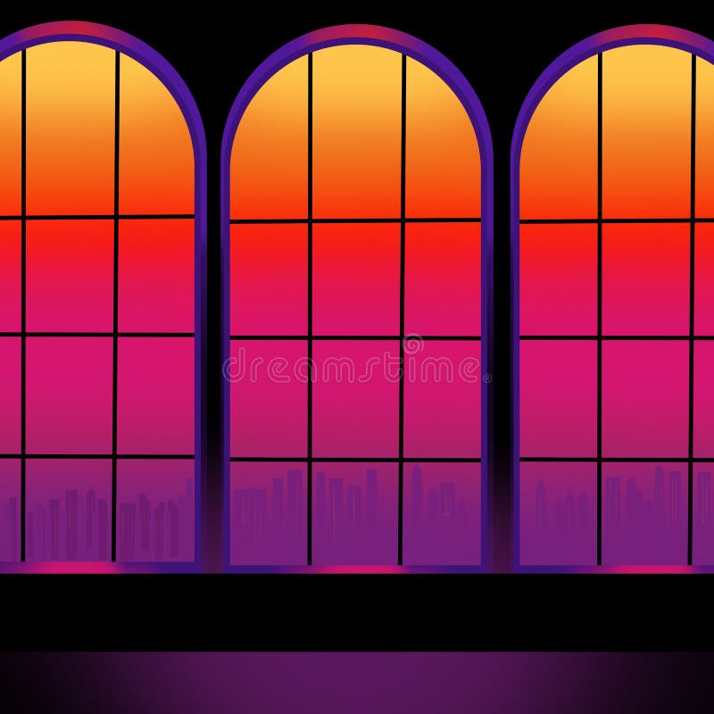 Three Large Windows with a View of the Evening City. Digital ...