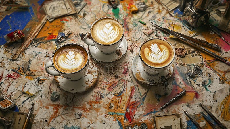 Three Lattes, Artist S Studio, Messy Table, Coffee Break Stock Photo ...