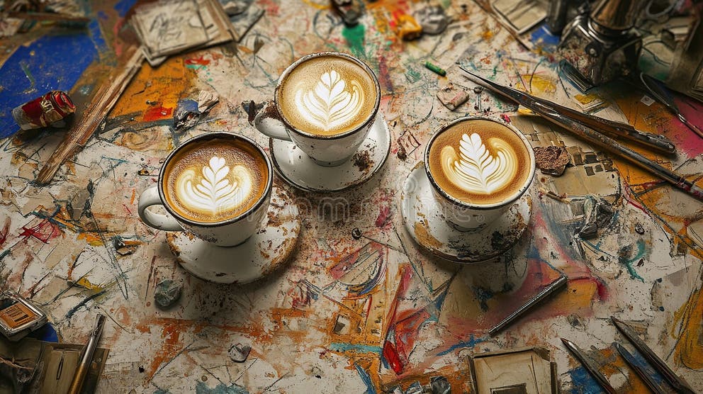Three Lattes, Artist S Studio, Messy Table, Coffee Break Stock Photo ...