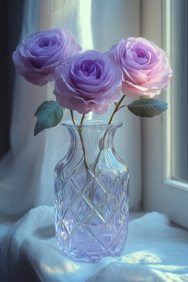 Three Lavender Roses in an Elegant Crystal Vase Placed on a Windowsill ...