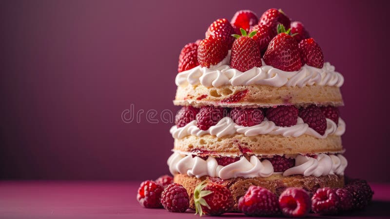 A Three-layer Cake Adorned with Strawberries and Raspberries. Stock ...