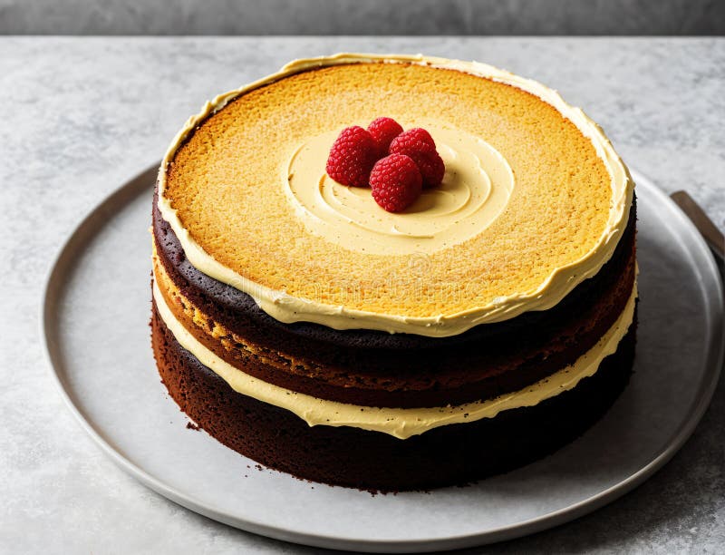 Three Layer Cake with Raspberries on Top Served on a Gray Plate Stock ...