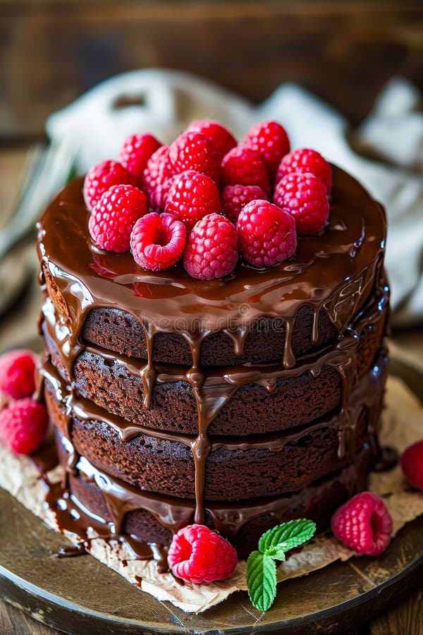 Three-layer Chocolate Cake with Raspberries on Top of Each Layer ...