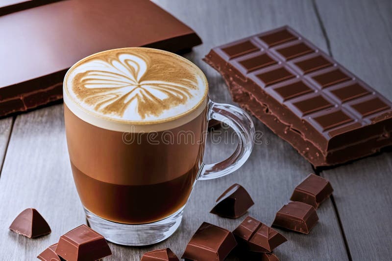 Three Layer Chocolate Latte in a Glass Cup with Pieces of Broken ...