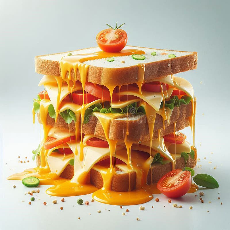 Three-layer Sandwich with White Bread, Cubes of Melted Cheese, Greens ...