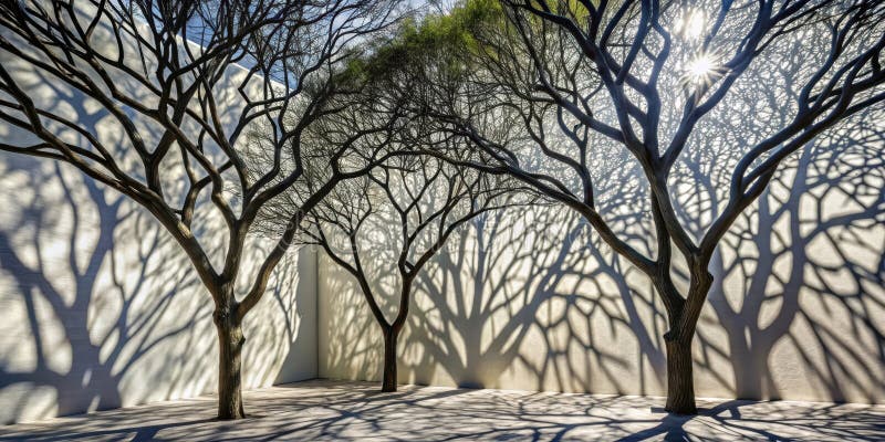 Three Leafless Trees Cast Intricate Shadows on a Light-colored Wall in ...