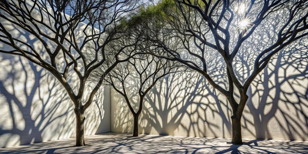 Three Leafless Trees Cast Intricate Shadows on a Light-colored Wall in ...