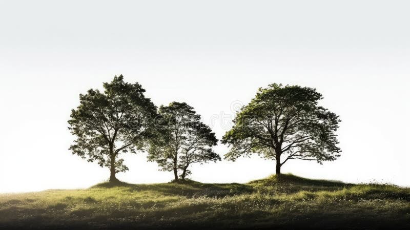 Three Leafy Trees Standing on Lush Meadow with White Background Stock ...