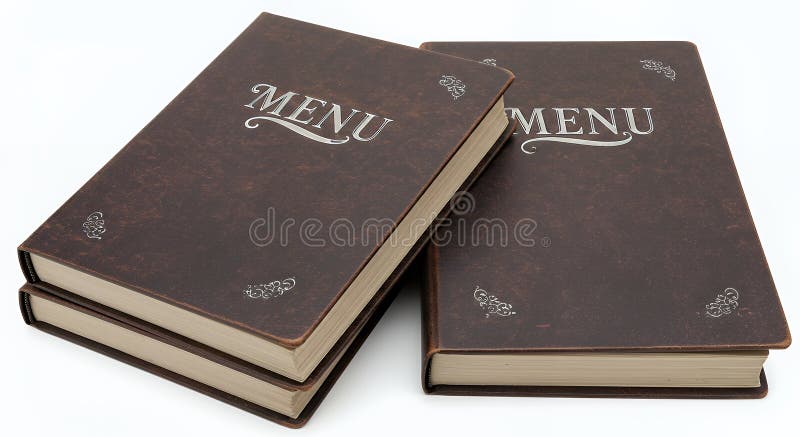 Three Leather Bound Menus with Silver Lettering on White Background ...