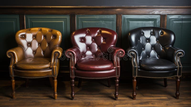 Three Leather Chairs in Front of a Green Wall, AI Stock Image - Image ...
