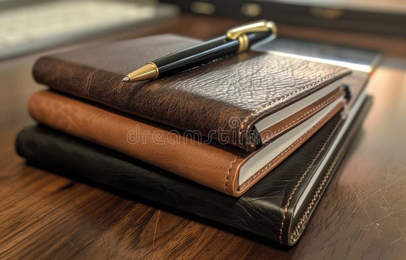 Three Leather Journals and Pen on Desk Stock Photo - Image of page ...