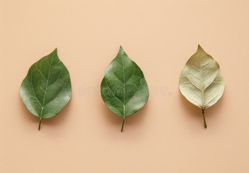 Three Leaves Displaying Various Stages of Color Change on a Simple ...
