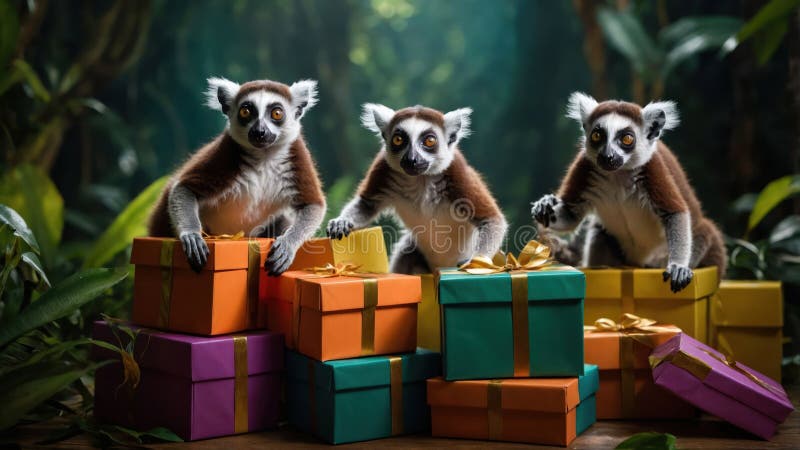 Three Ring-tailed Lemurs Sitting on Colorful Gift Boxes in Lush Green ...