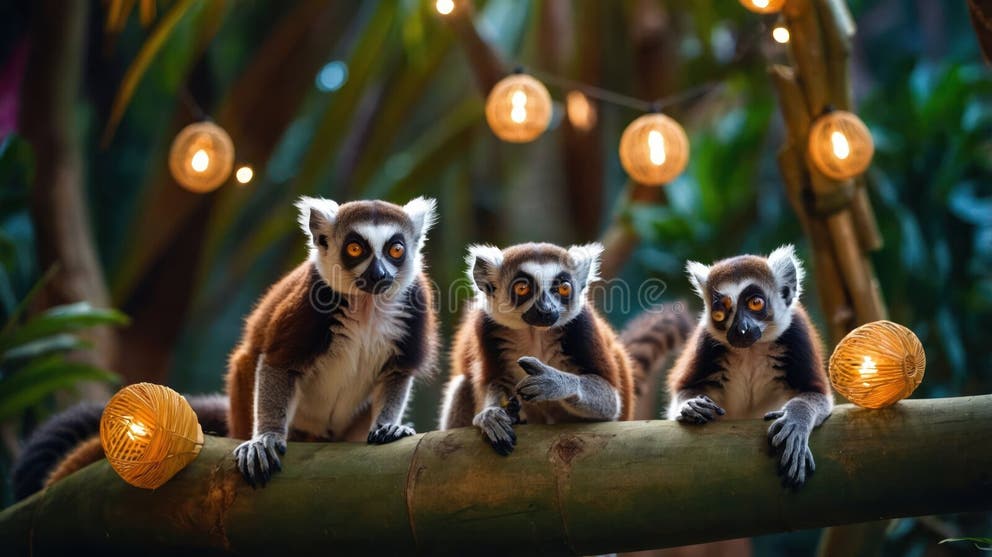 Three Ring-tailed Lemurs Sitting on a Branch at Night with String ...