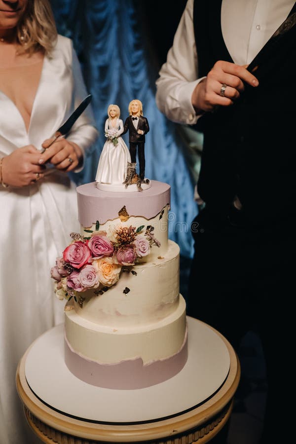Three-level Wedding Cake with Figures of People on it Stock Photo ...