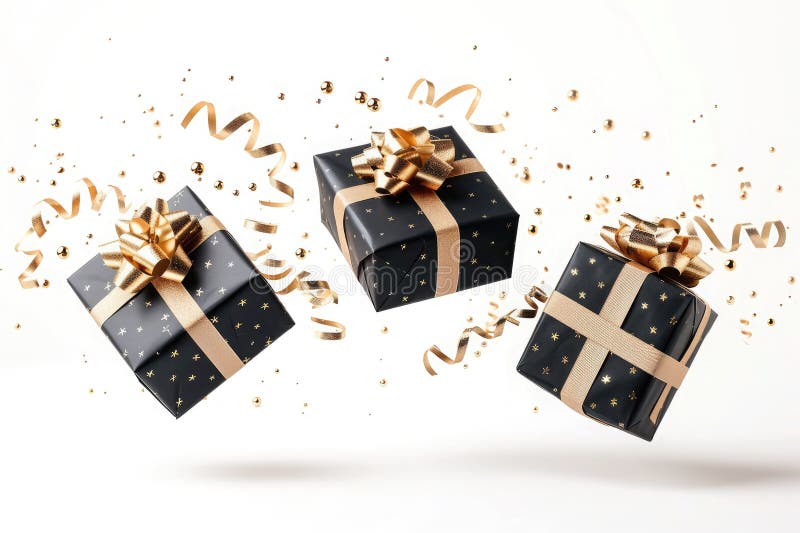 Three Levitating Gift Boxes with Black Wrapping and Golden Bows ...