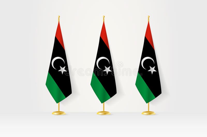Three Libya Flags in a Row on a Golden Stand, Illustration of Press ...