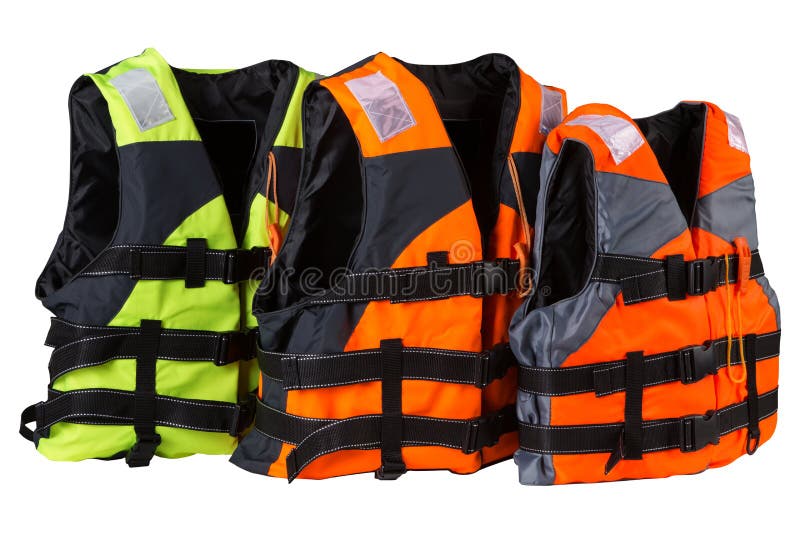 Three Life Jackets Stand in a Row, Two Orange and One Green Vest ...