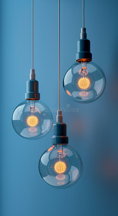 Three Light Bulbs Hanging from a Blue Background Stock Image - Image of ...