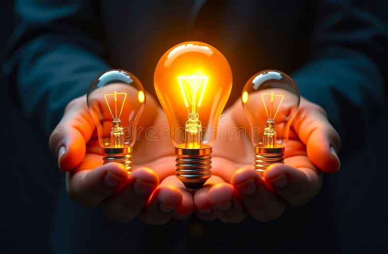 Close-up of a Hands Holding Three Light Bulbs, One Lit and Glowing ...