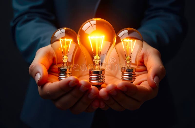 Close-up of a Hands Holding Three Light Bulbs, One Lit and Glowing ...