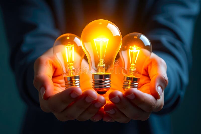 Close-up of a Hands Holding Three Light Bulbs, One Lit and Glowing ...