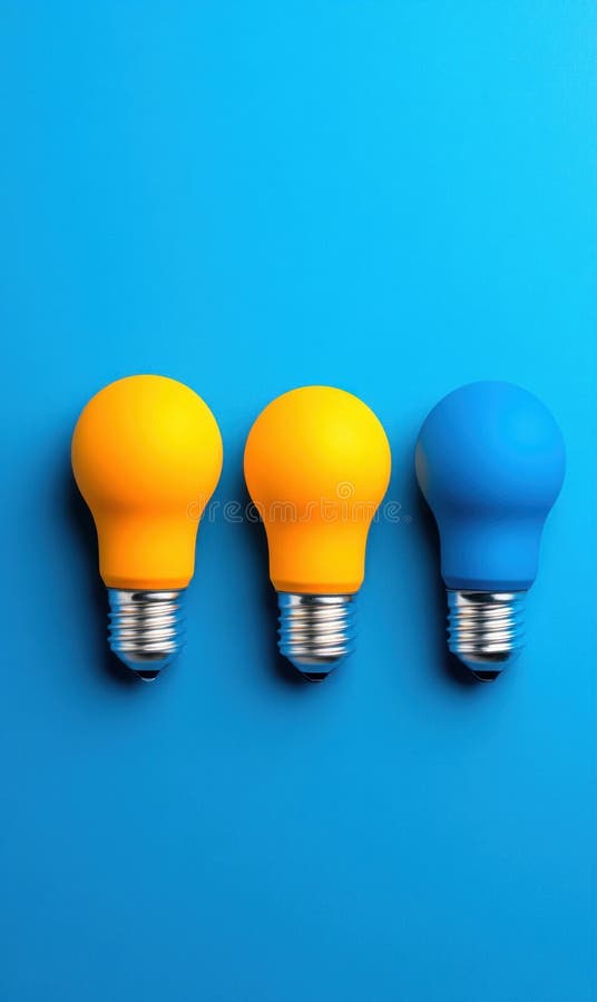 Three Light Bulbs in Yellow and Blue on Blue Background Stock ...