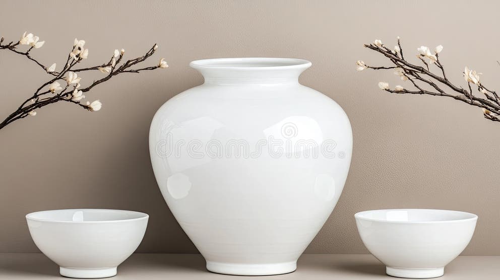 Three Light Gray Vases and Two Bowls on a Table Create Elegant Simplicity in a Softly Lit ...