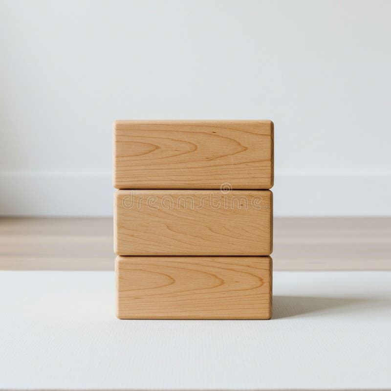Three Light Wood Blocks are Stacked Vertically on a White Surface. the ...