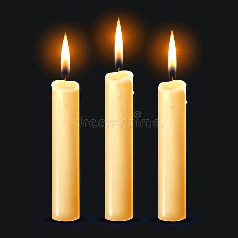 Three Light Yellow Burning Candles Isolated in Black Backdrop Stock ...