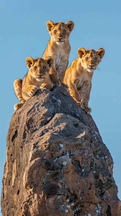 Three Lion Cubs Perched on a Large Rock with a Clear Blue Sky in the ...