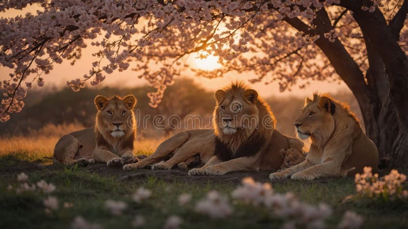 Majestic African Lions Resting Under a Blooming Cherry Tree at Sunset ...