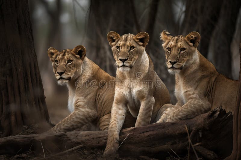Three Lions Sitting on a Log in a Forest with Trees in the Background ...