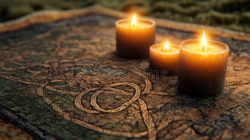 Three Lit Candles on an Ancient Map Stock Illustration - Illustration ...