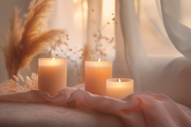 Three Lit Candles with Decor Elements in Warm Ambient Light Setting ...