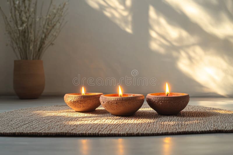 PThree Lit Candles Sit on a Woven Mat, Casting a Warm Glow and Creating ...