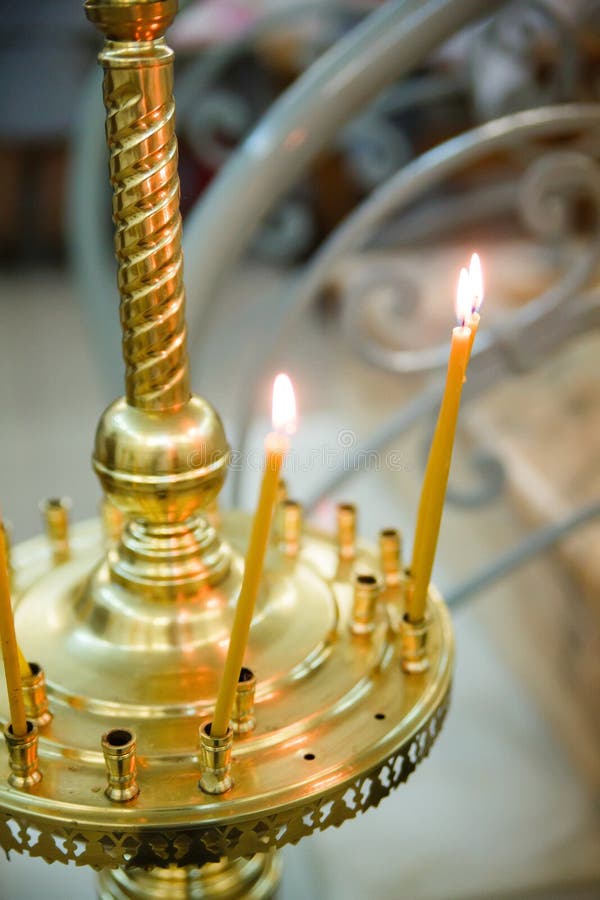 Three Lit Church Candles in a Church Stock Photo - Image of temple ...