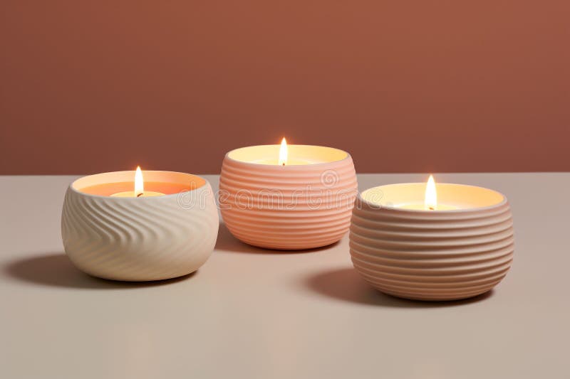 Three Lit Eco Friendly and Natural Candles in Neutral-toned Holders ...