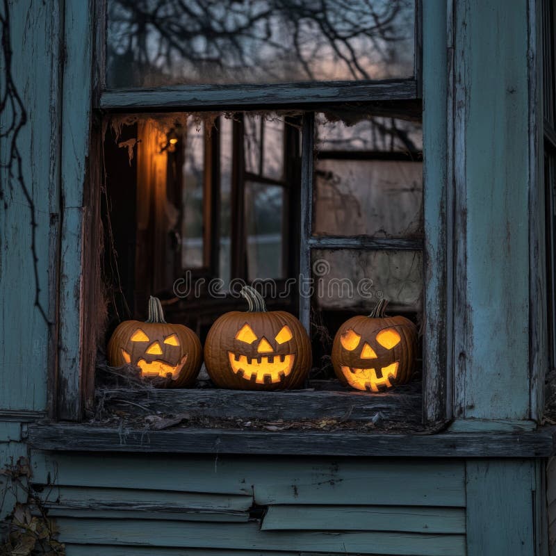 Three Lit Jack-o -Lanterns in a Window of an Abandoned House Stock ...