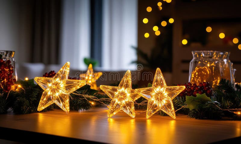 Three Lit Up Stars on a Table Stock Image - Image of lights ...