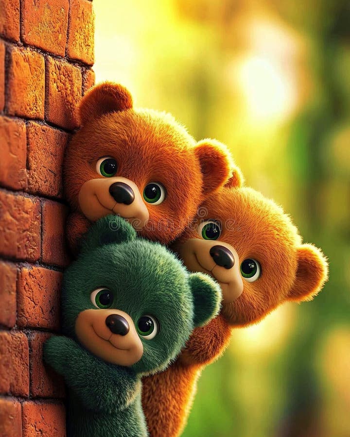 Three Little Bears Peeking from Behind the Brick Wall. Ai Generative ...
