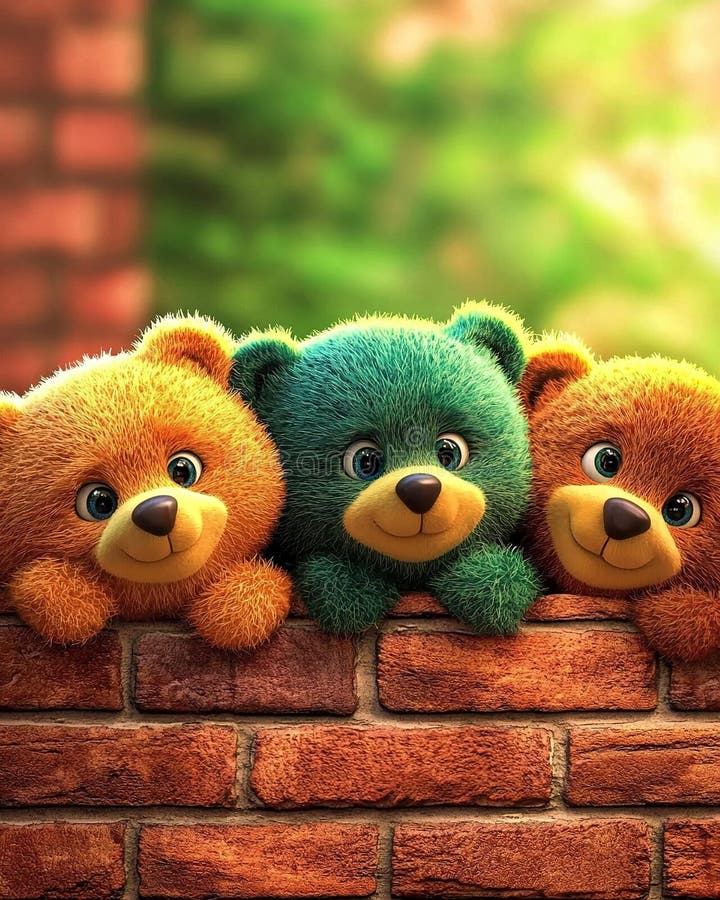 Three Little Bears Peeking from Behind the Brick Wall. Ai Generative ...