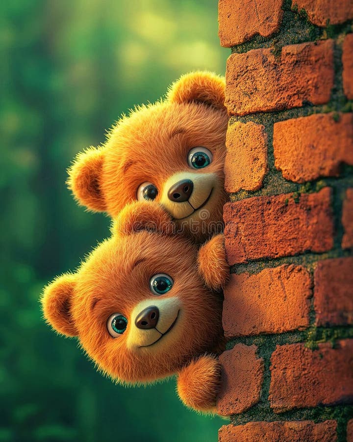 Three Little Bears Peeking from Behind the Brick Wall. Ai Generative ...