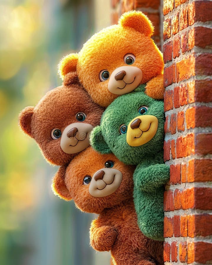 Three Little Bears Peeking from Behind the Brick Wall. Ai Generative Stock Image - Image of ...
