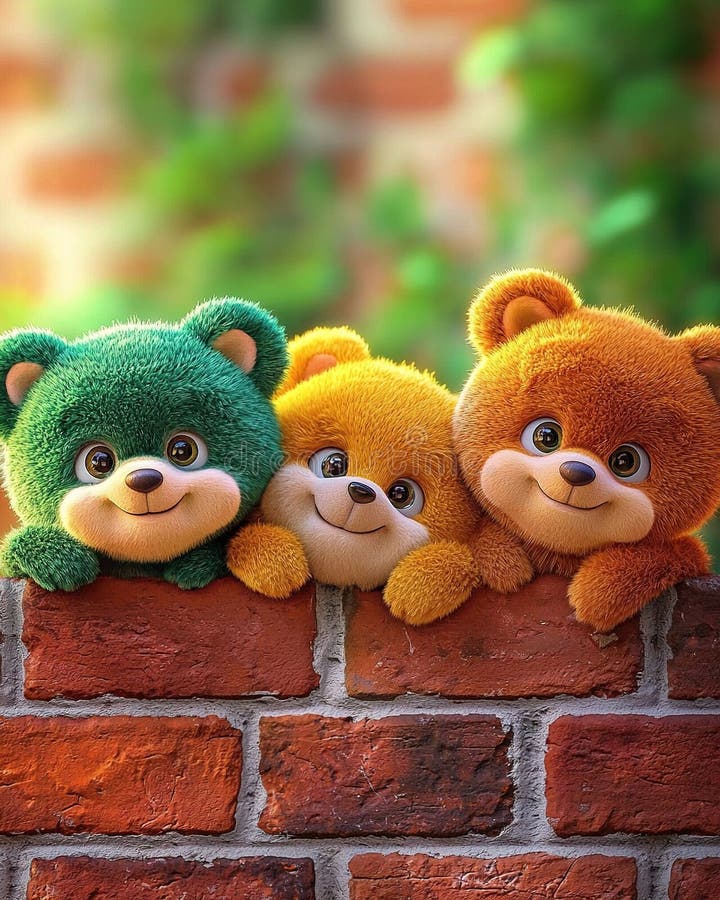 Three Little Bears Peeking from Behind the Brick Wall. Ai Generative ...