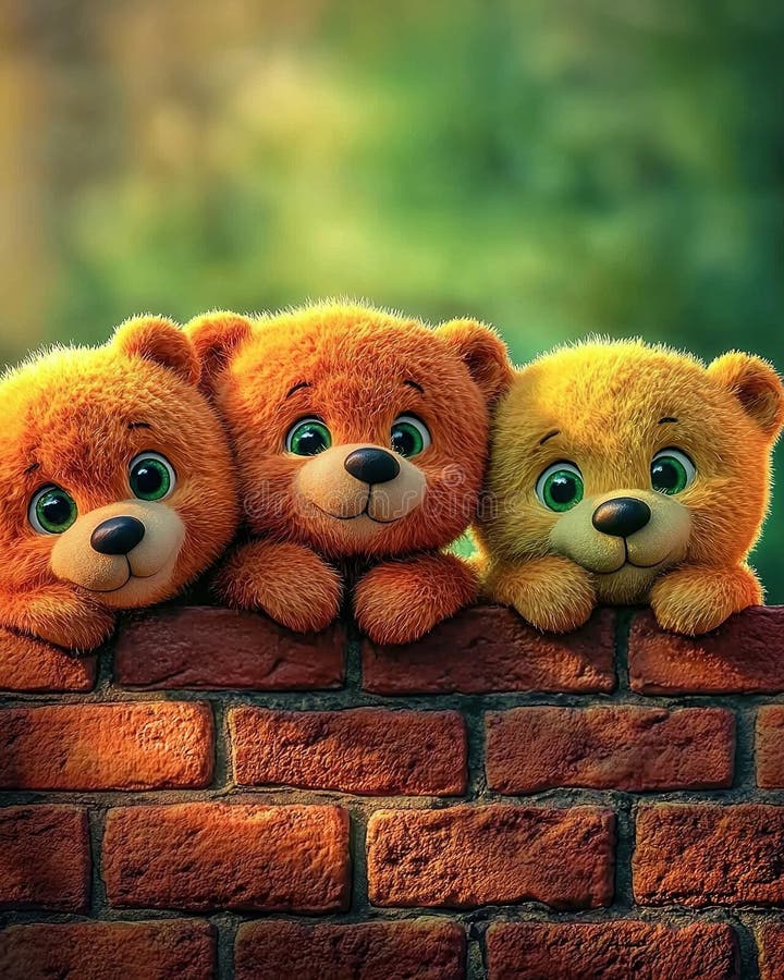 Three Little Bears Peeking from Behind the Brick Wall. Ai Generative ...
