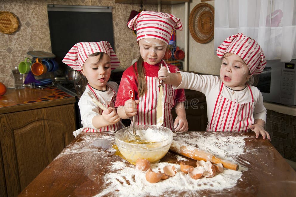 Three Little Chefs in the Kitchen Stock Photo - Image of eggs, kids ...