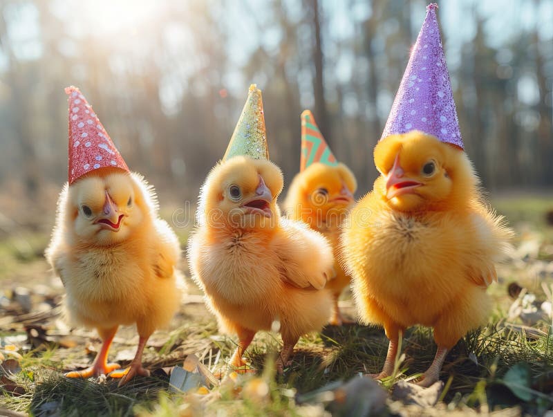 Three Little Chickens Wearing Party Hats Stock Image - Image of ...